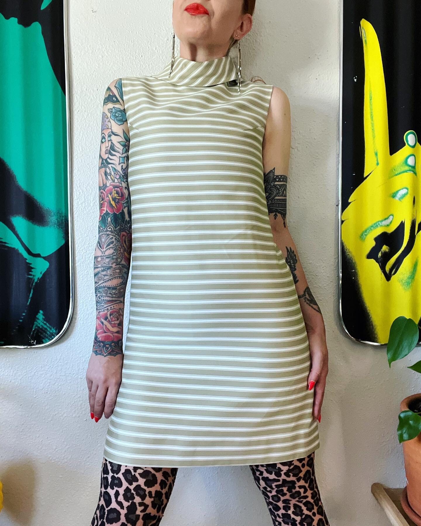 Vintage 1960’s Khaki and White Horizontal Stripe Mini Mod Dress and ...