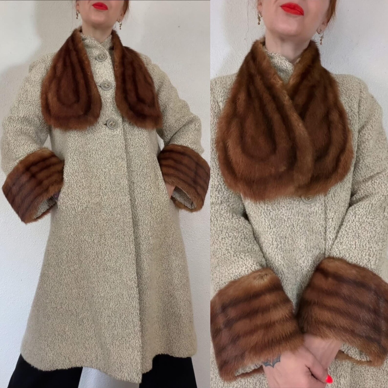 Vintage Late 1940’s Oatmeal Wool Boucle Coat With Teardrop Mink Collar ...
