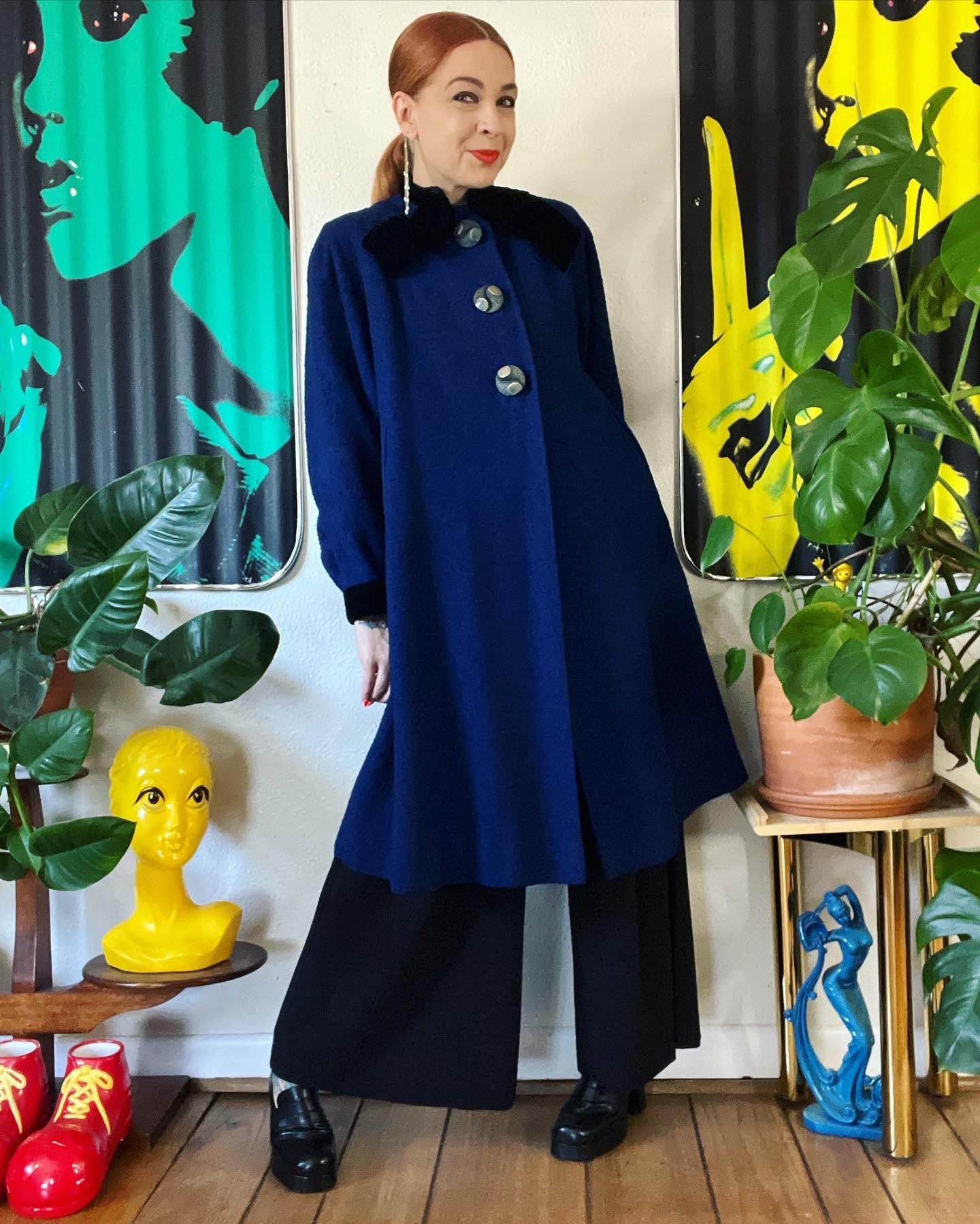 Vintage 1940s Reveler, New York Bright Navy Blue Boucle Swing Coat With ...