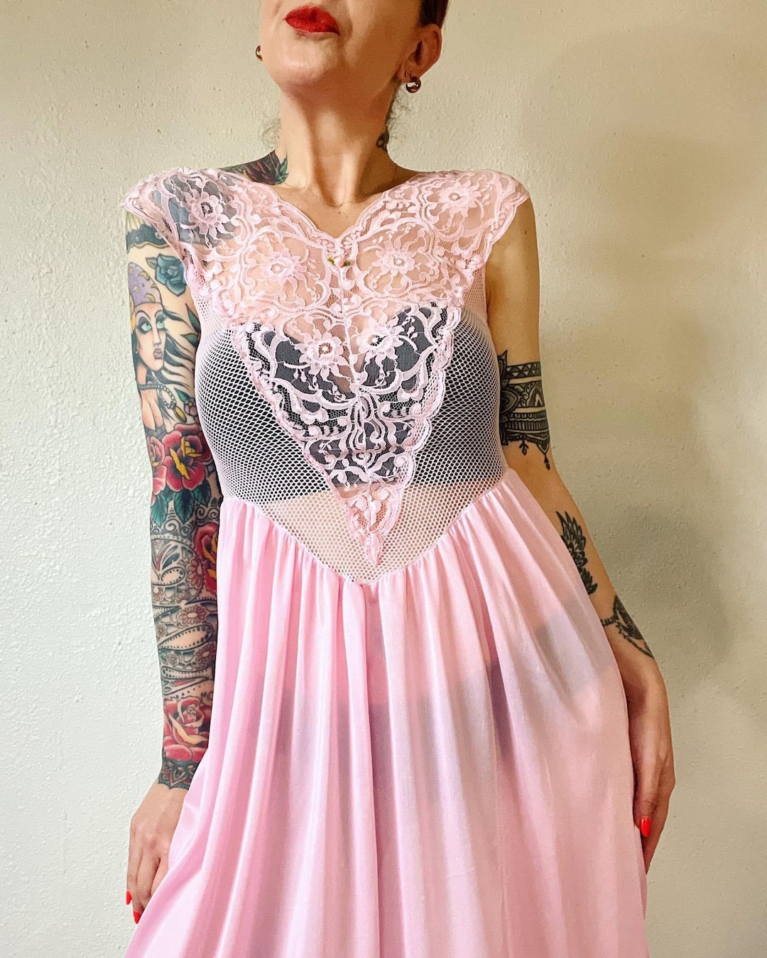 Deadstock Vintage 1970’s/1980’s Pink Nylon Nightie With Mesh and Lace ...
