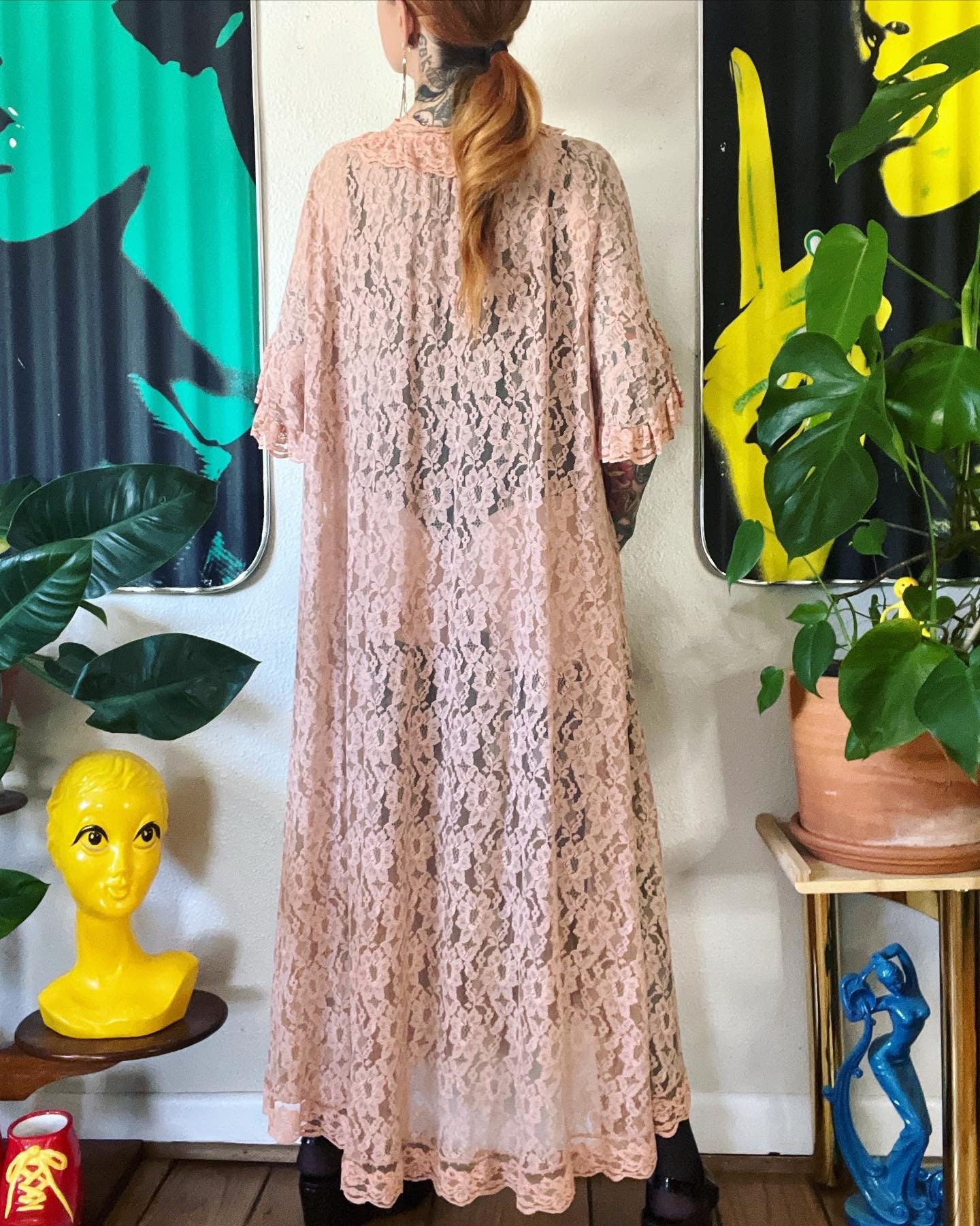 Vintage 1960s Dusty Pale Pink Floral Fishnet Lace Maxi Robe - Etsy