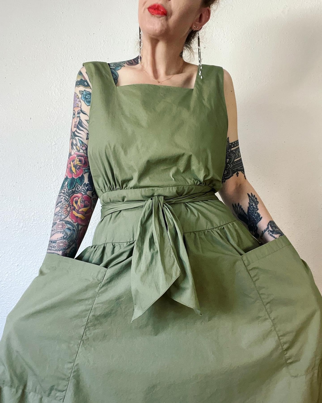 Vintage 1980’s Frances Henaghan L/XL Khaki Green Cotton Wrap Dress With ...
