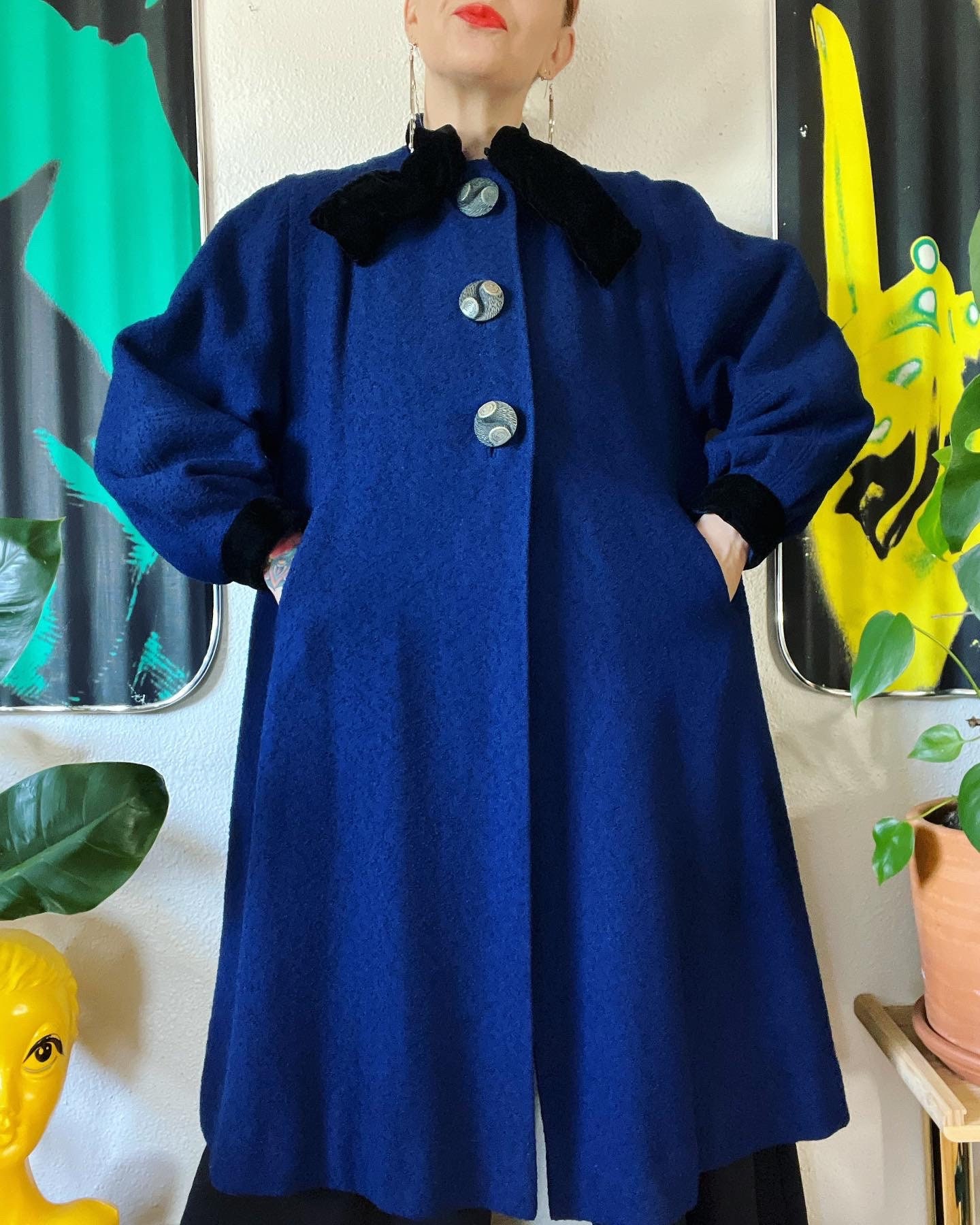 Vintage 1940s Reveler, New York Bright Navy Blue Boucle Swing Coat With ...
