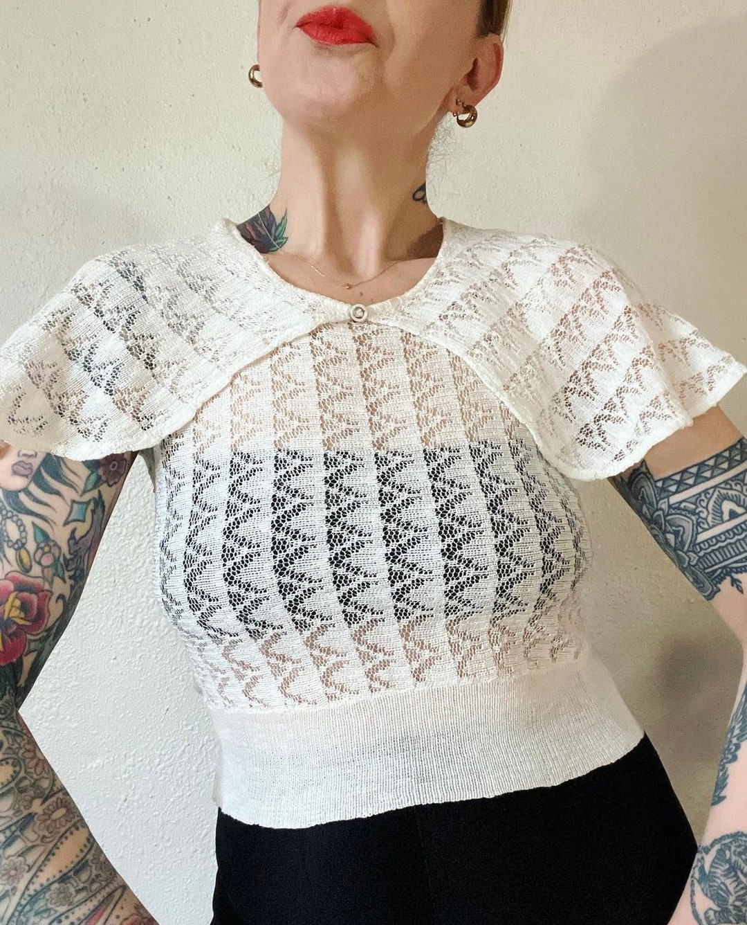 Vintage 1930’s, Possibly Late 1920’s Ivory Pointelle Knit Sweater With ...