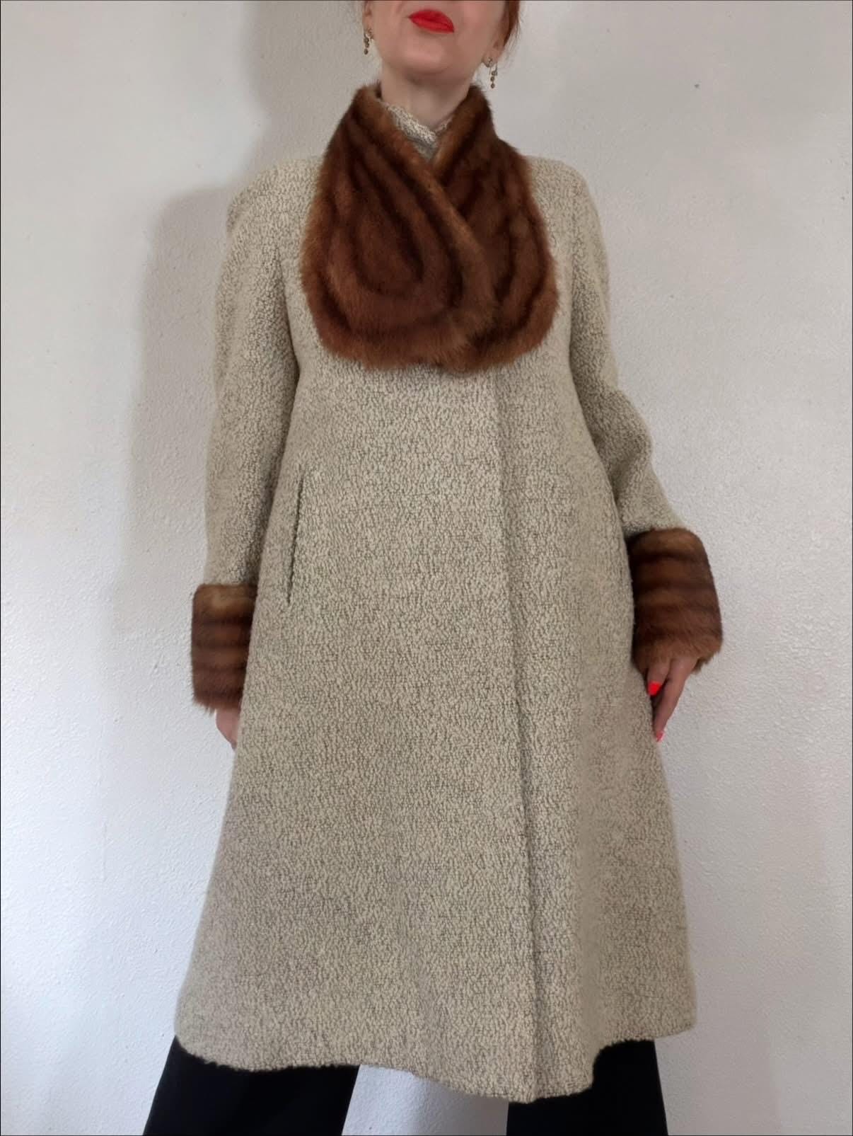 Vintage Late 1940’s Oatmeal Wool Boucle Coat With Teardrop Mink Collar ...