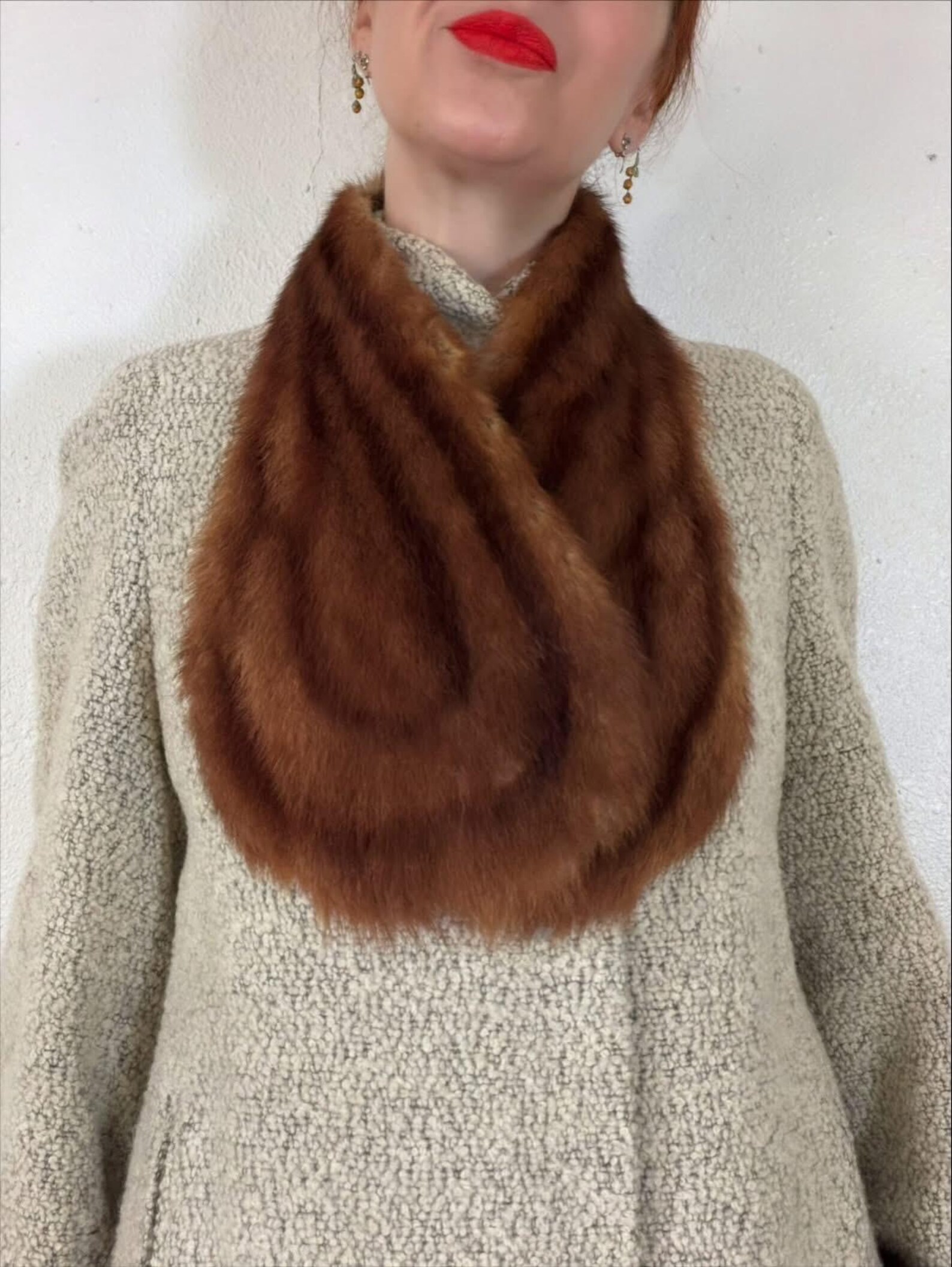 Vintage Late 1940’s Oatmeal Wool Boucle Coat With Teardrop Mink Collar ...