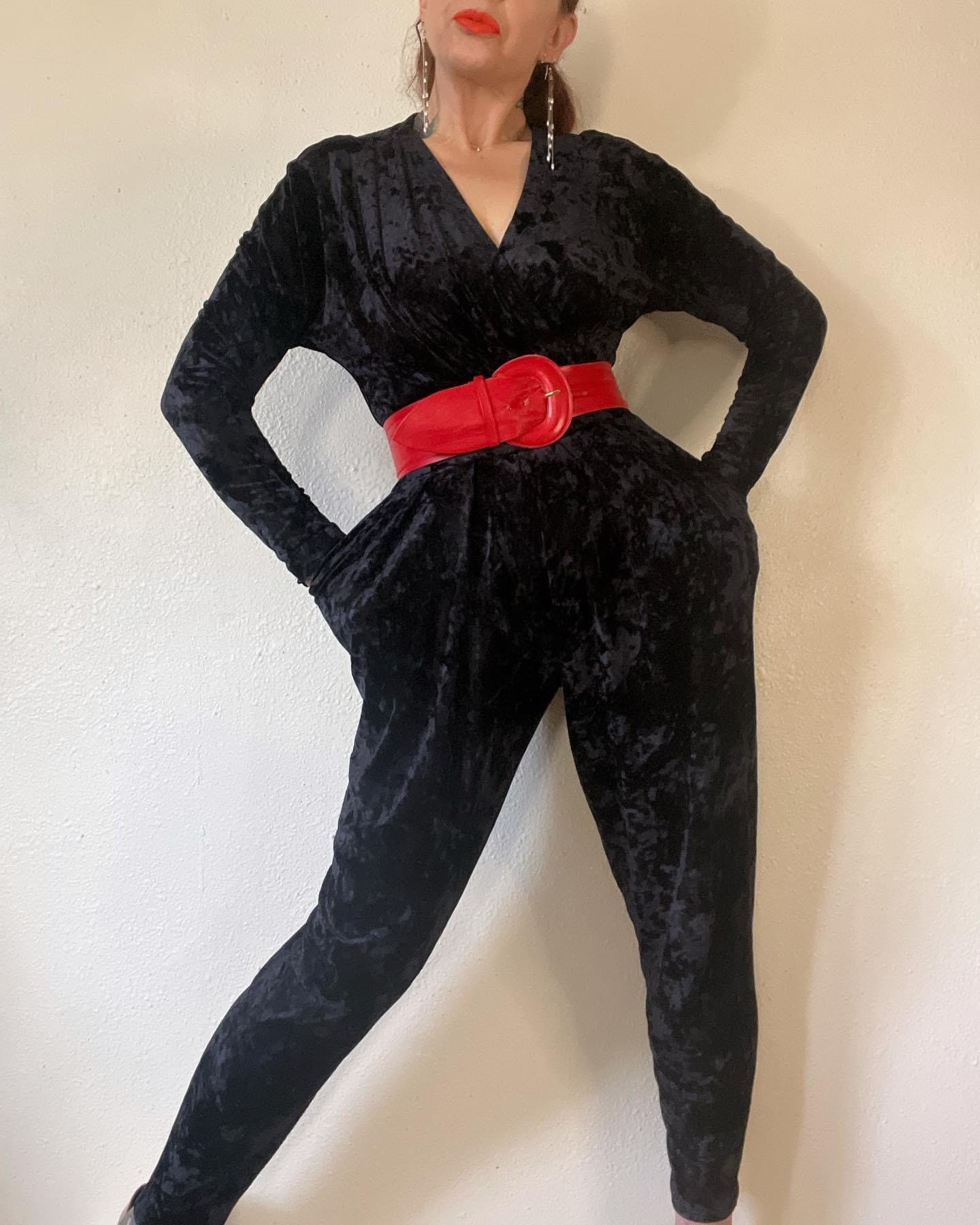 Vintage 1980's Black Crushed Velvet Jumpsuit With Dolman Vintage 1980's Black Crushed Velvet Jumpsuit With Dolman