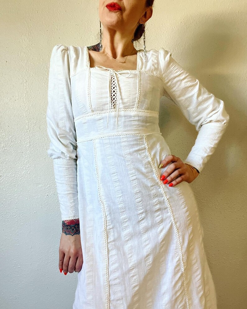 Vintage 1970’s Ivory Seersucker Stripe Corset Prairie Maxi With Zip ...