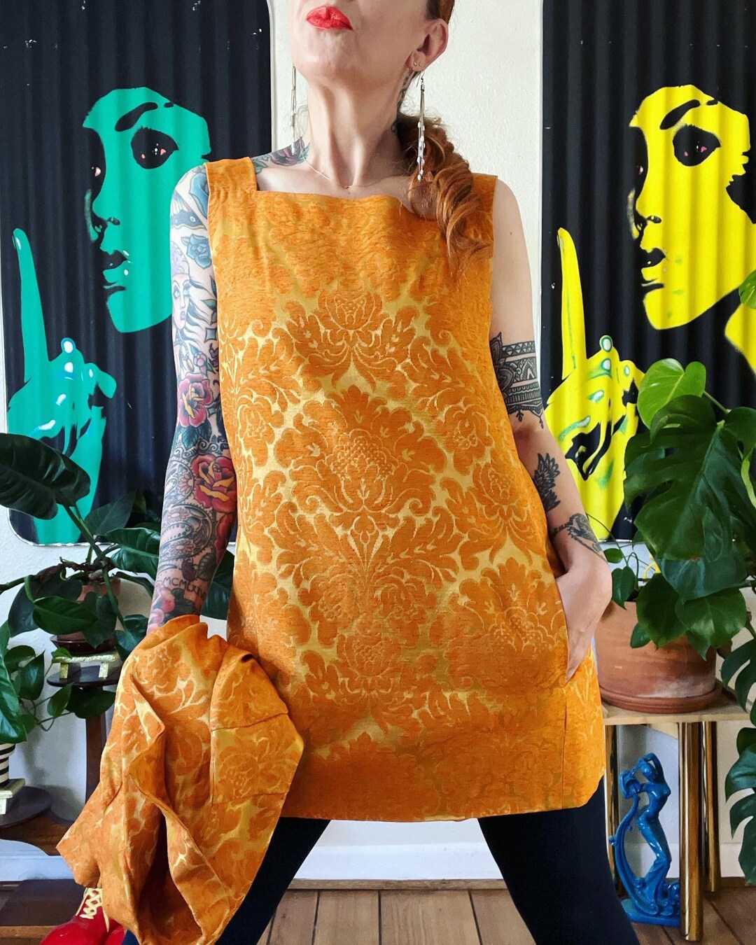Vintage 1960s Custom Made, One of a Kind, Tangerine Damask 2pc Mini Mod ...