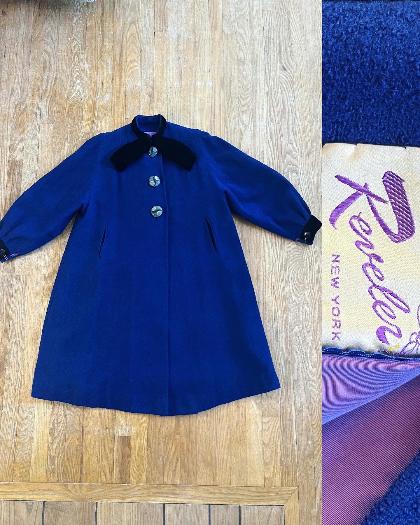 Vintage 1940s Reveler, New York Bright Navy Blue Boucle Swing Coat With ...