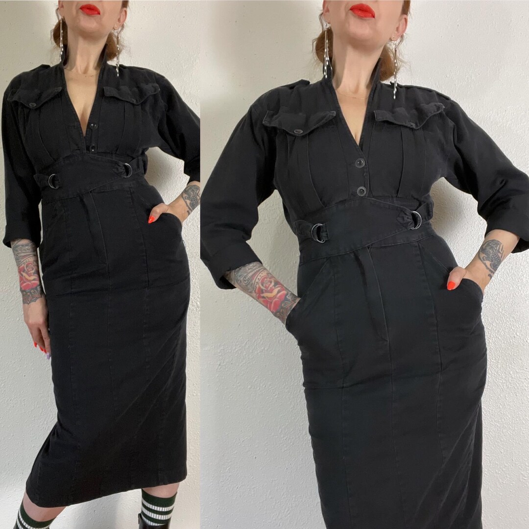 Vintage 1980’s Does 1940’s Foxy Lady Washed Black Cotton Twill Wiggle ...