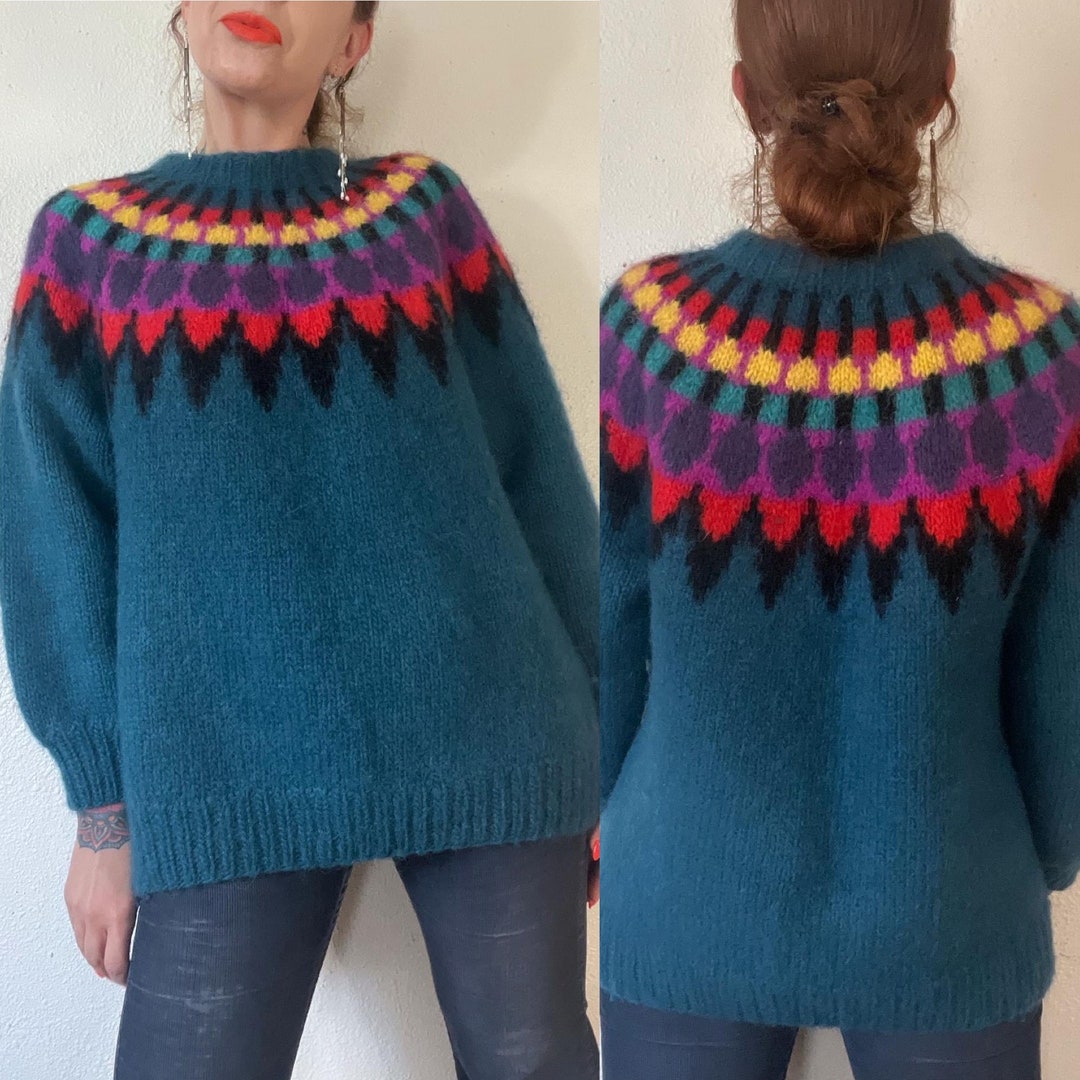 Vintage 1970’s Teal & Rainbow Intarsia Hand Knit Wool Sweater With ...