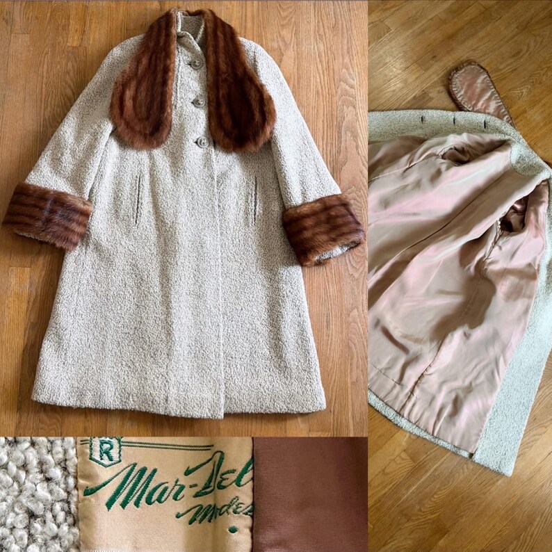 Vintage Late 1940’s Oatmeal Wool Boucle Coat With Teardrop Mink Collar ...