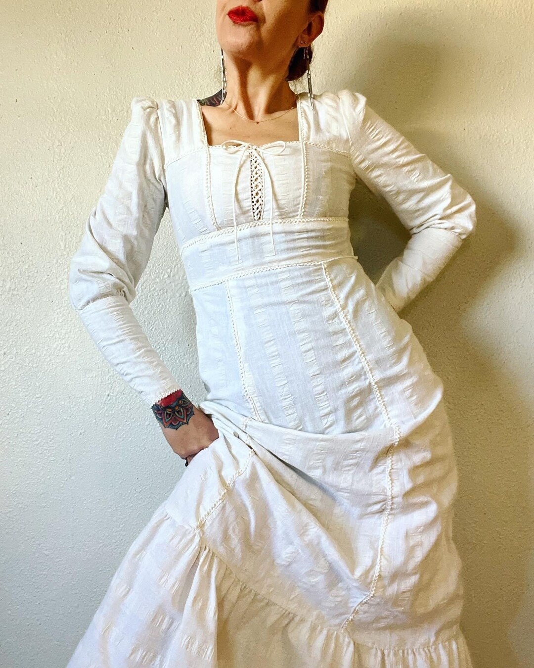 Vintage 1970’s Ivory Seersucker Stripe Corset Prairie Maxi With Zip ...
