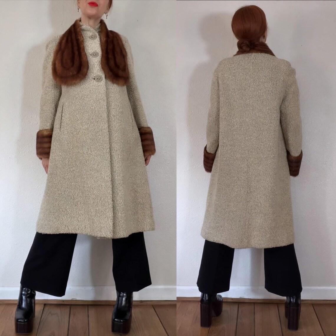 Vintage Late 1940’s Oatmeal Wool Boucle Coat With Teardrop Mink Collar ...