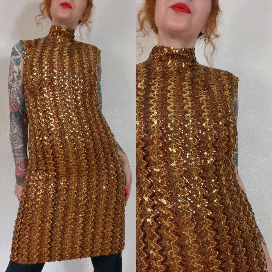 Vintage 1960’s Sparkling Copper & Gold Stripe Sequin Mini Mod Dress ...