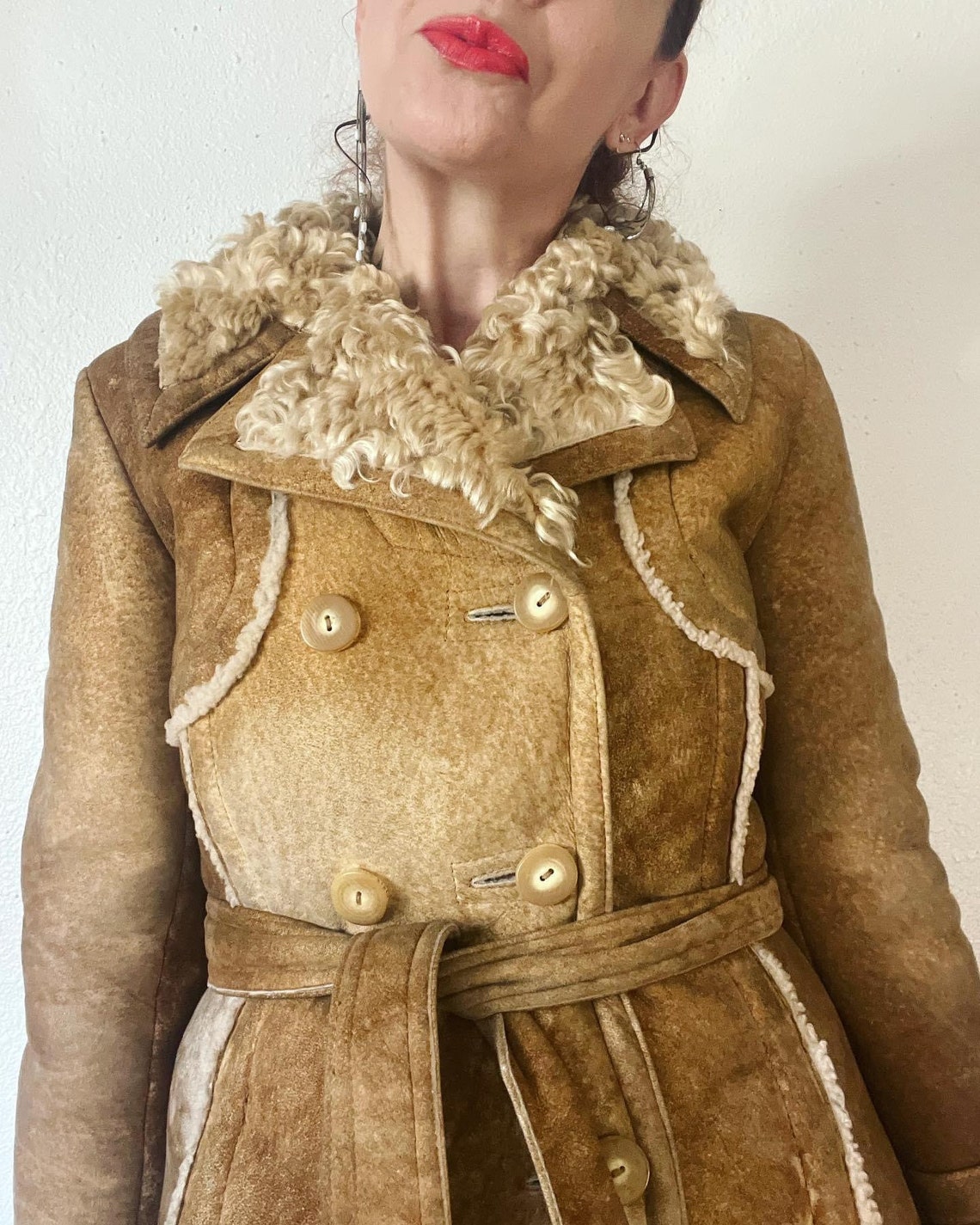 Vintage 1970’s Shades of Desert Tan Sheepskin Double Breasted Coat With ...
