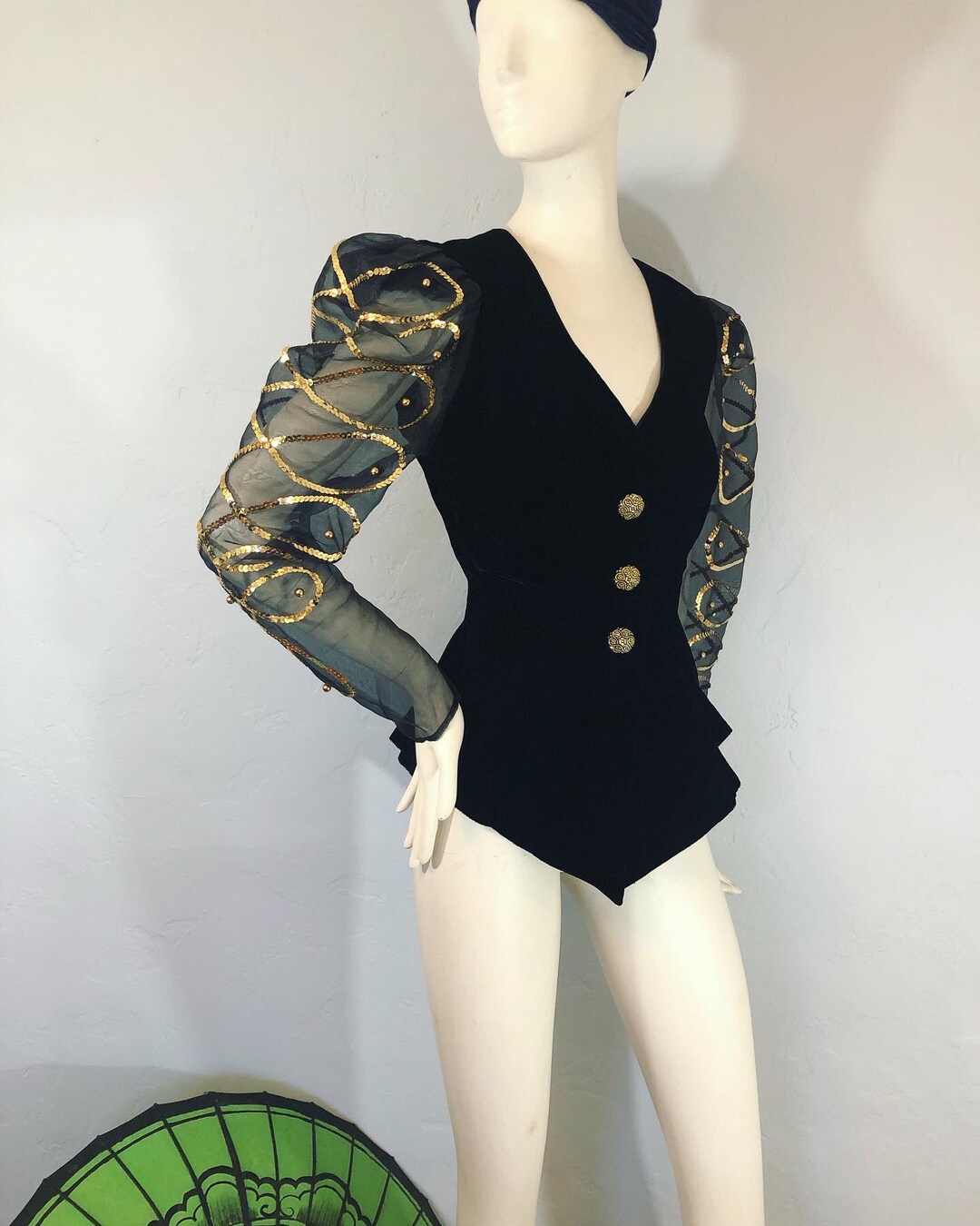 Vintage 1980’s Black Velvet Jacket With Extra Large Blouson Gold Sequin ...