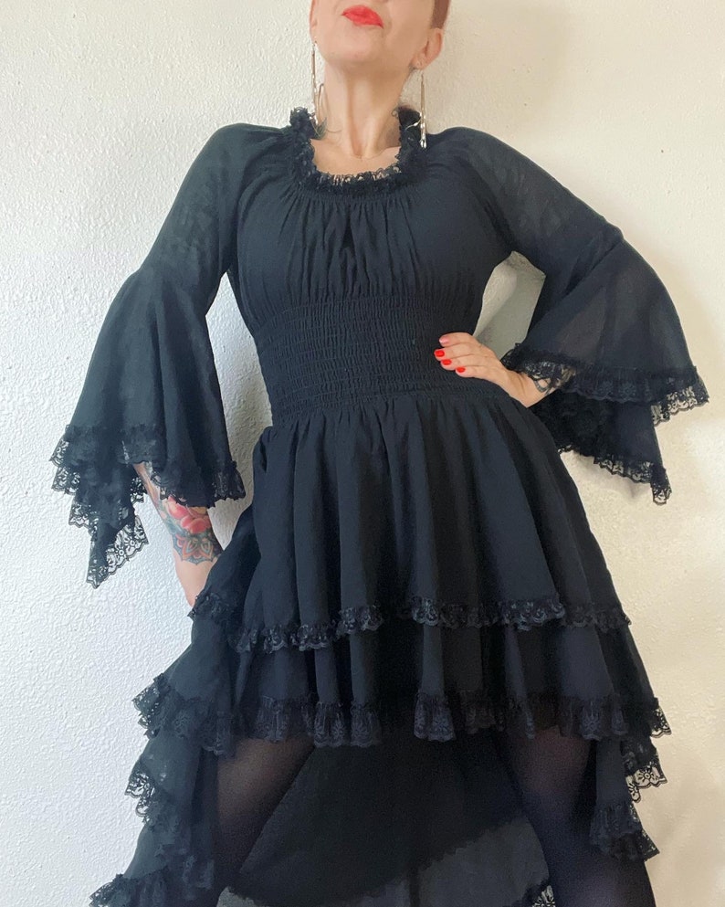 Vintage 1970s Black Tissue Weight Cotton and Lace Tapered Angel Sleeve ...