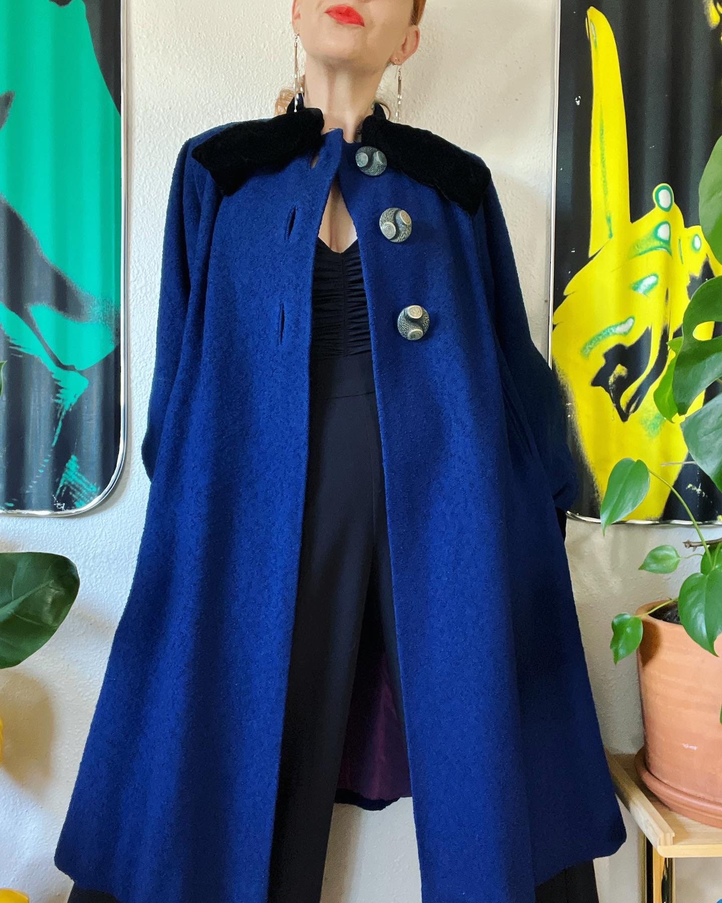 Vintage 1940s Reveler, New York Bright Navy Blue Boucle Swing Coat With ...