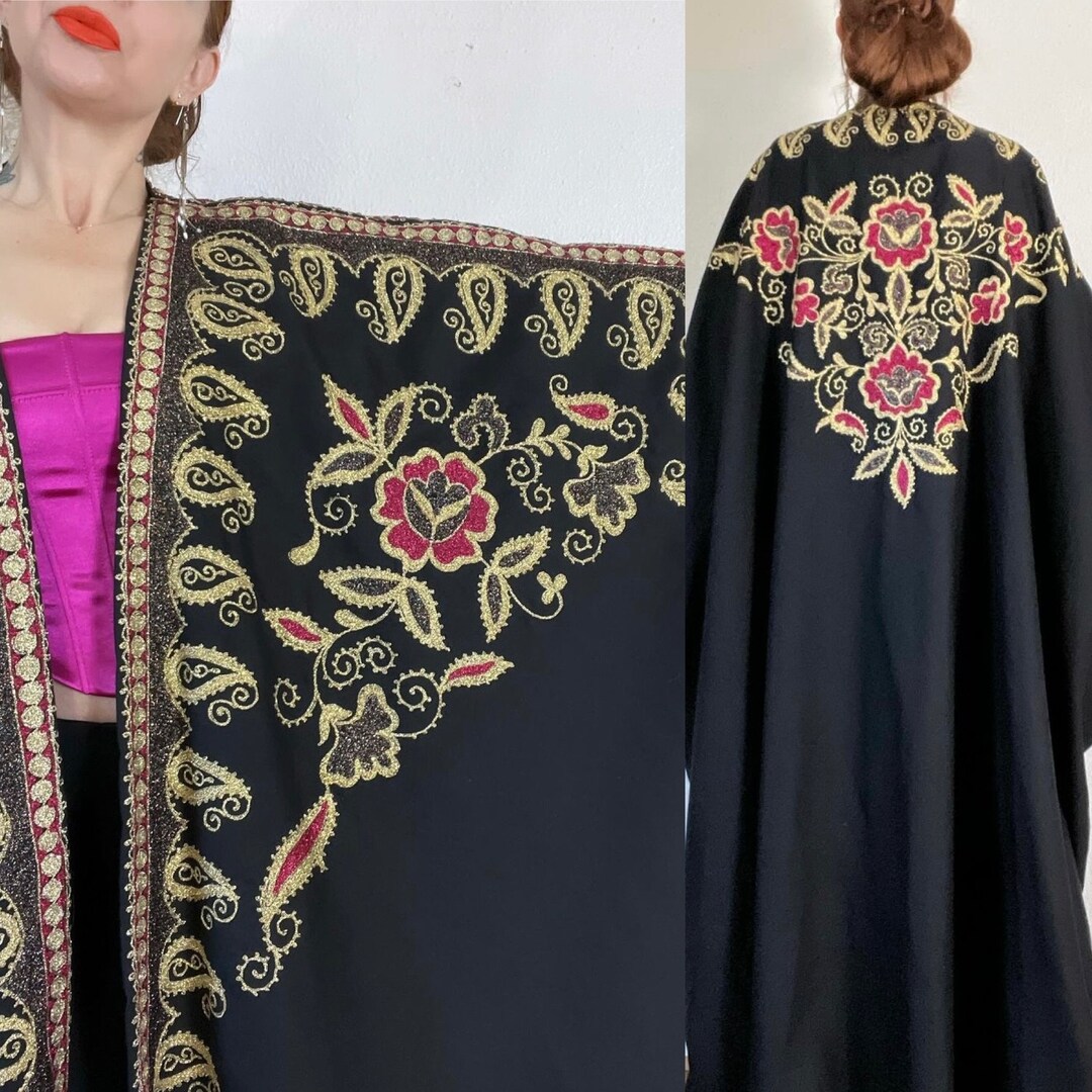 Vintage 1960’s/1970’s Pitch Black Caftan/cape With Gold, Rich Raspberry ...