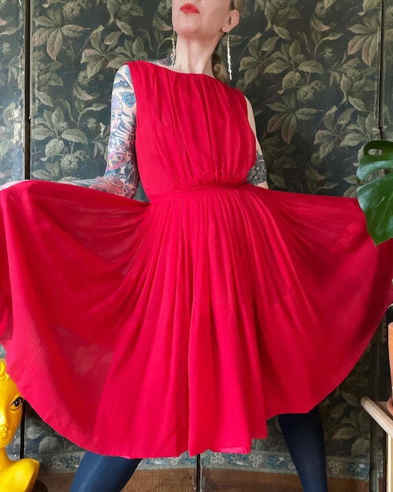 Vintage Early 1960s True Red Silk Chiffon Party Dress With | Etsy