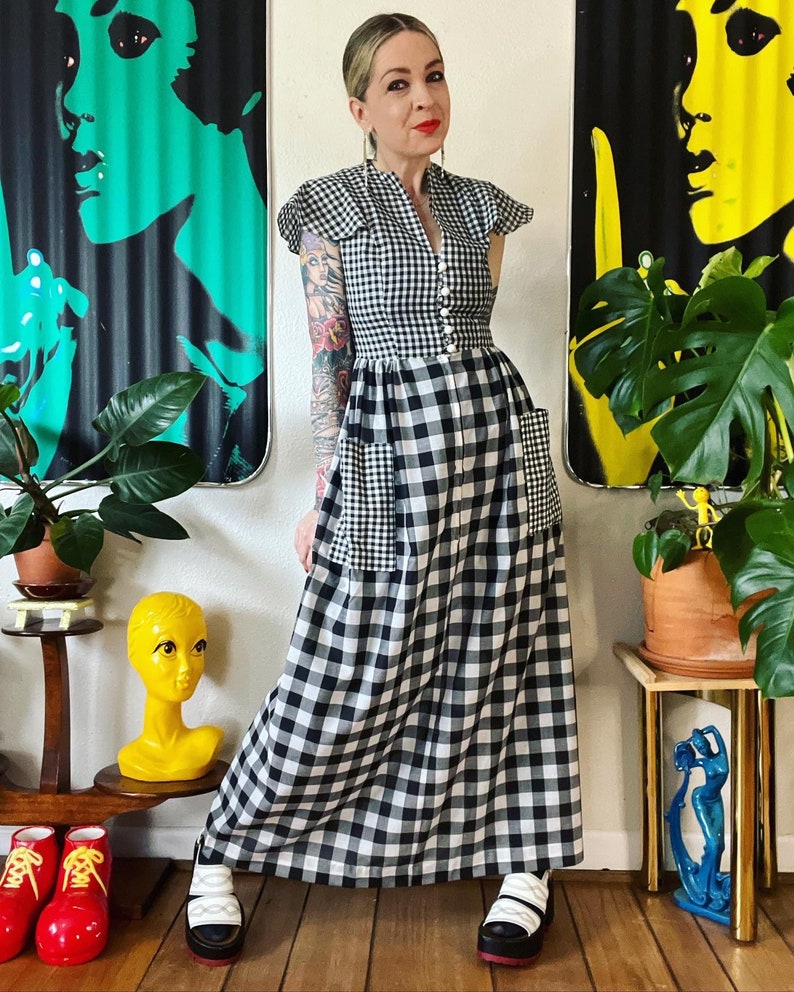 Vintage 1960s Deadstock Black and White Gingham Maxi Sundress With ...