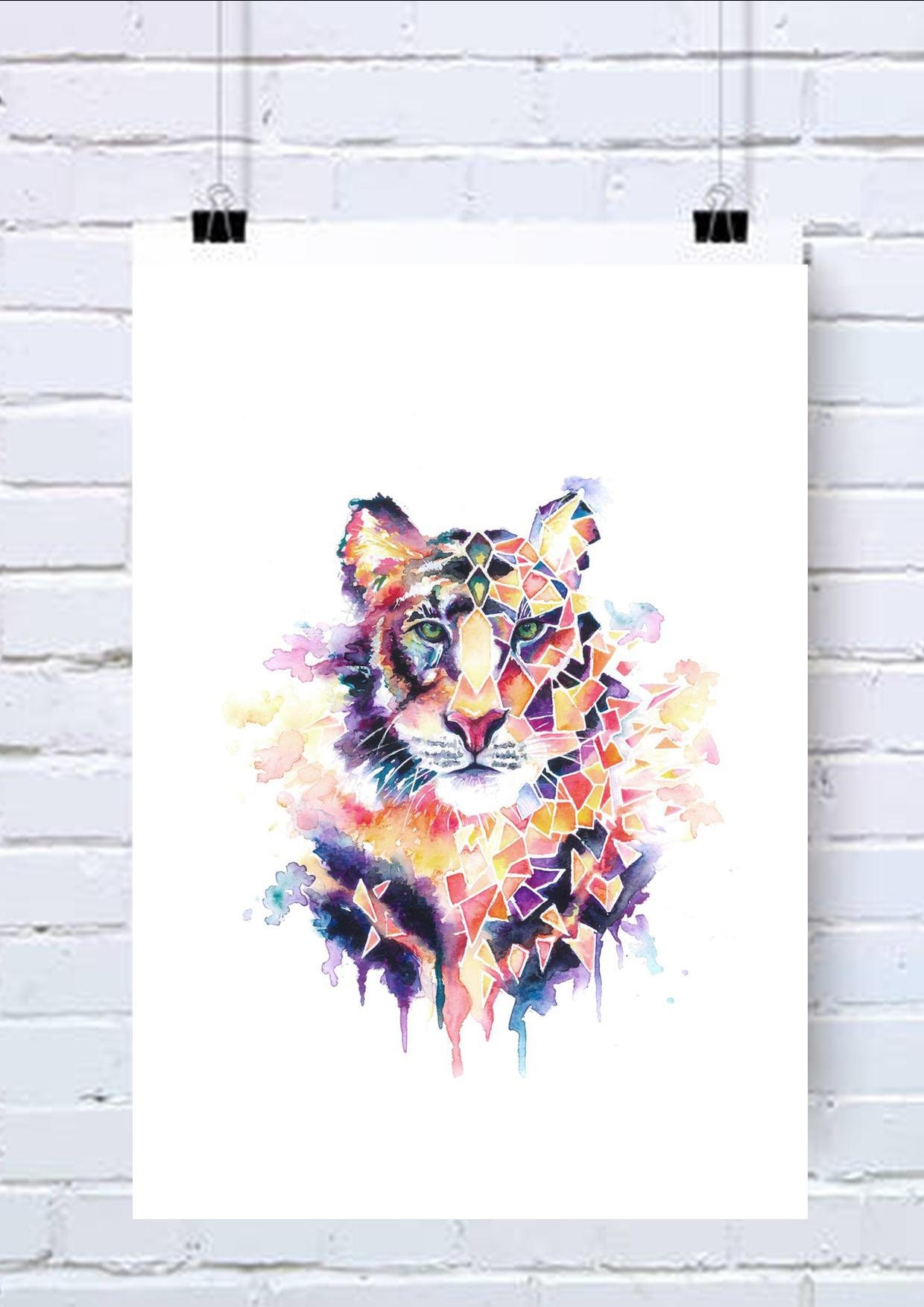 Geometric Tiger Watercolour Art Print Big Cat Art Tiger | Etsy