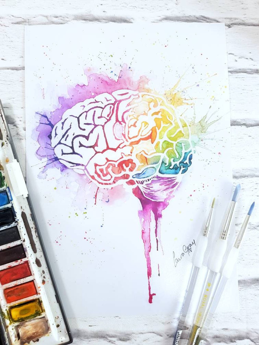Anatomy Art Print Brain, Watercolour Rainbow Original Painting Print ...