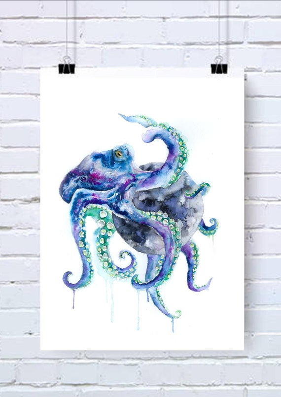 Octopus Watercolour Art Print Space Moon Illustration Sea | Etsy