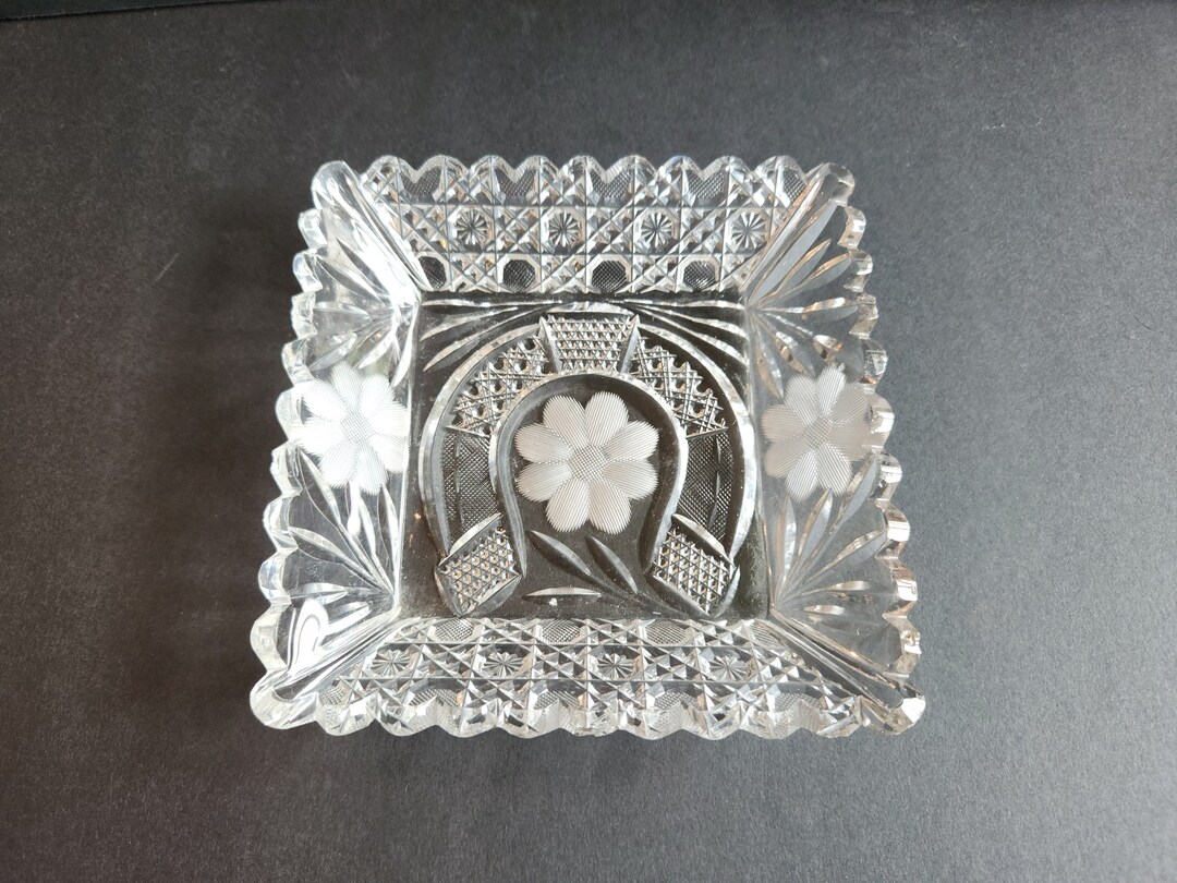 Vintage Small Clear Glass Tray Featuring a Horseshoe and Flower Design ...