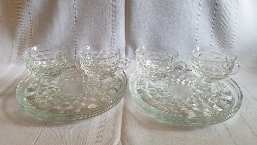 Set of 4 Vintage Whitehall Crystal Snack Sets ~ Round Glass Snack Plate ...