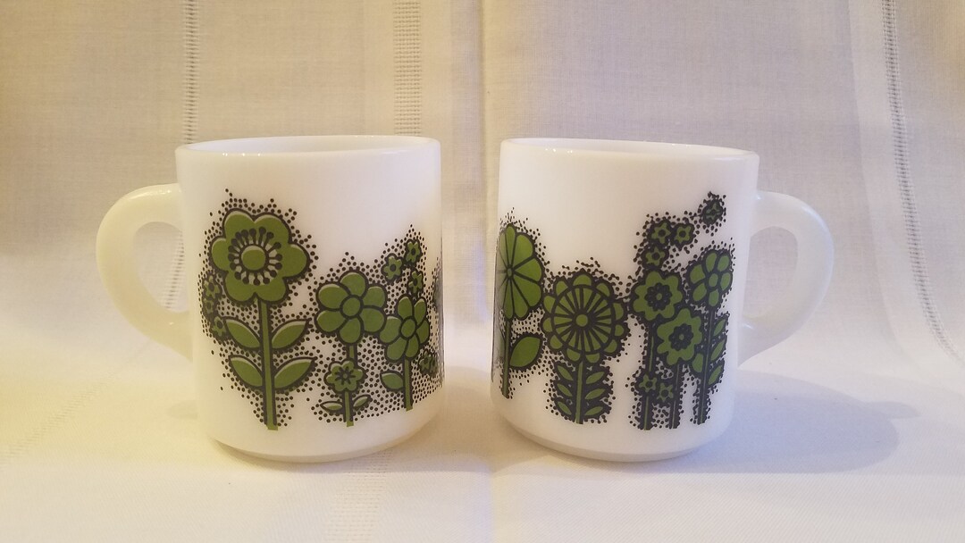 Vintage Hazel Atlas Milk Glass 8 Oz Coffee Mugs With Green Flowers Set ...