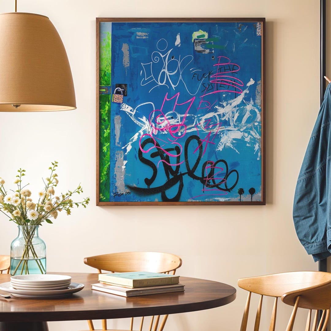 Urban Graffiti Art Print on Paper, Bold Blue Abstract With Street Tags ...