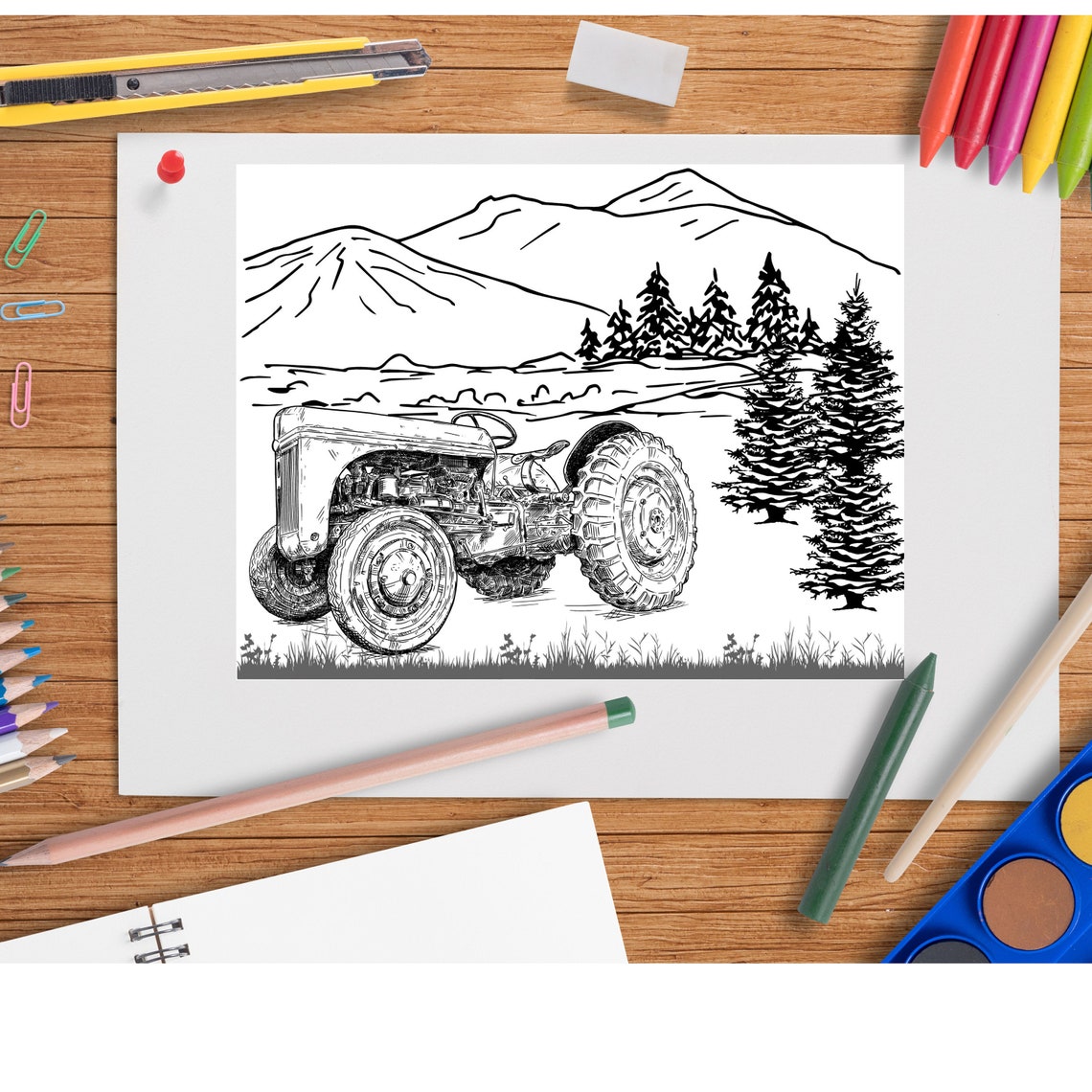 5 Antique Tractor Scenery Color Pages - Etsy