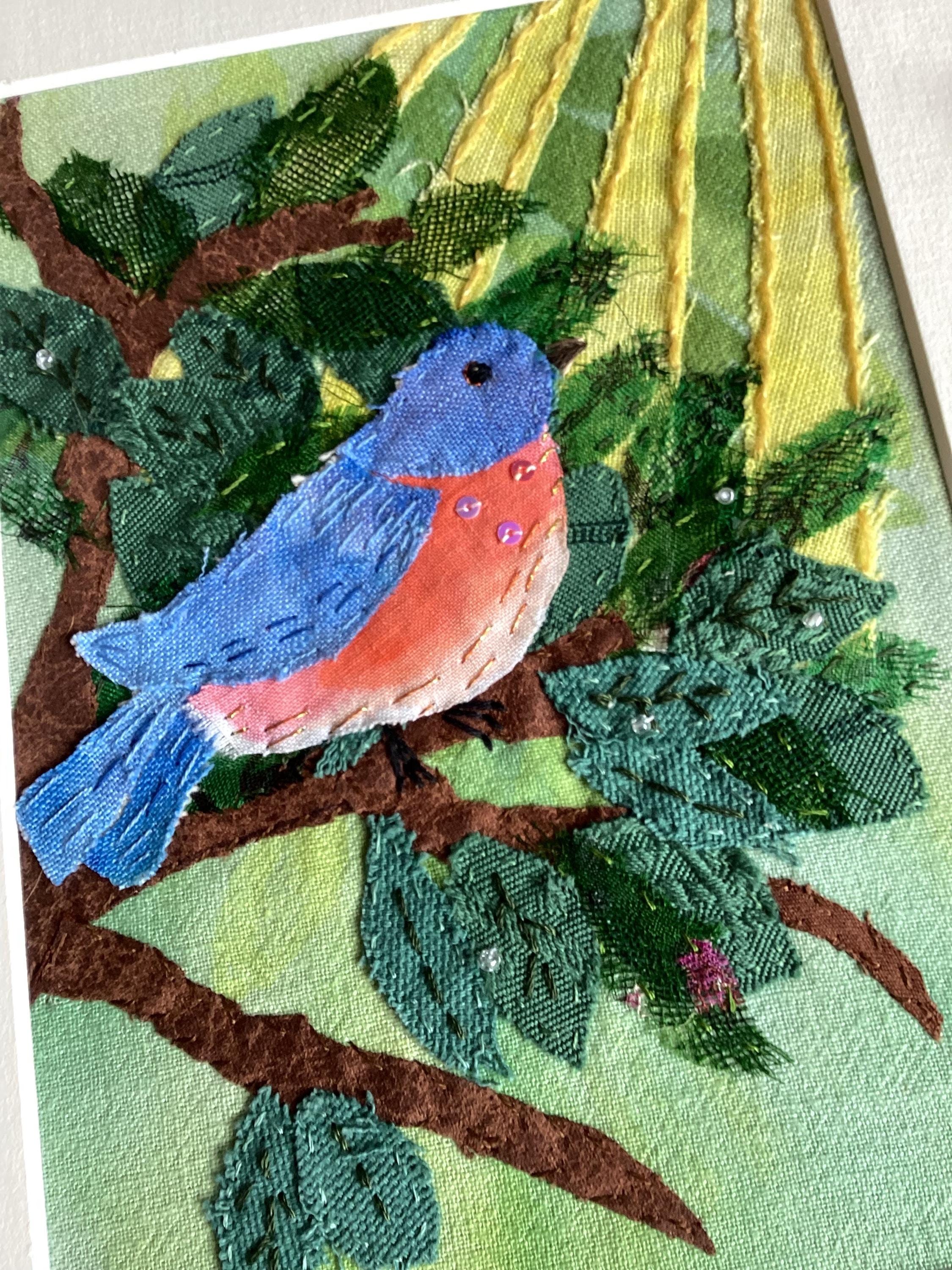 Bird Textile Art, Hand Stitched Blue Bird Fabric Collage Art ...