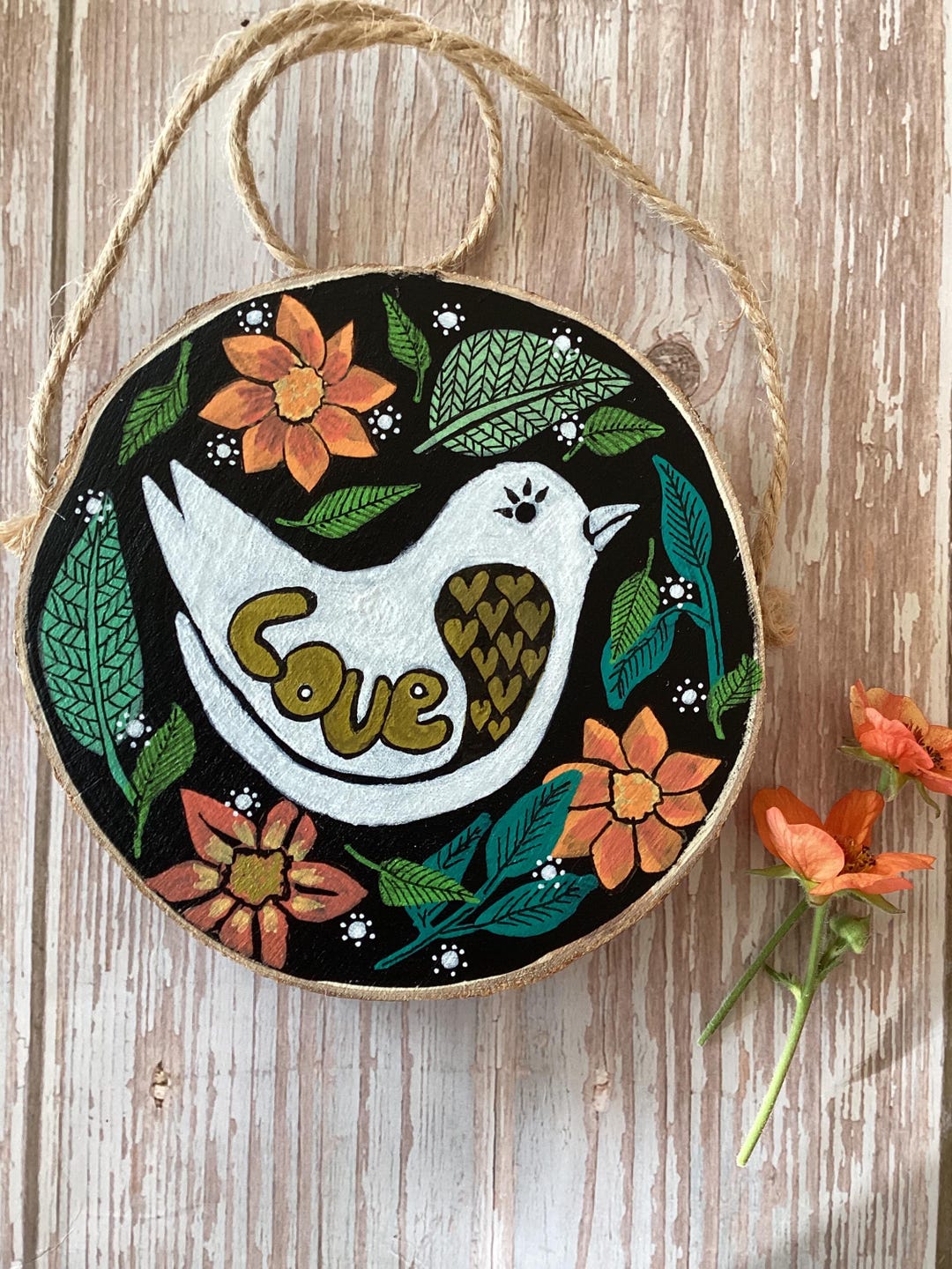 Hand-painted Love Bird Wood Slice: Rustic Floral Wall Art - Etsy