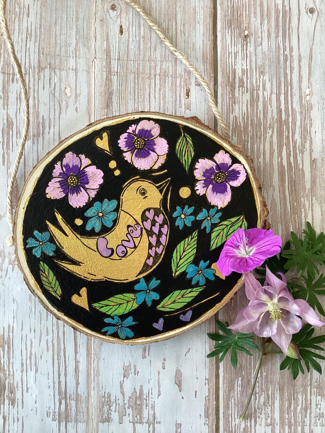 Hand Painted Love Bird Wood Slice Ornament, Floral Art Wall Hanging ...