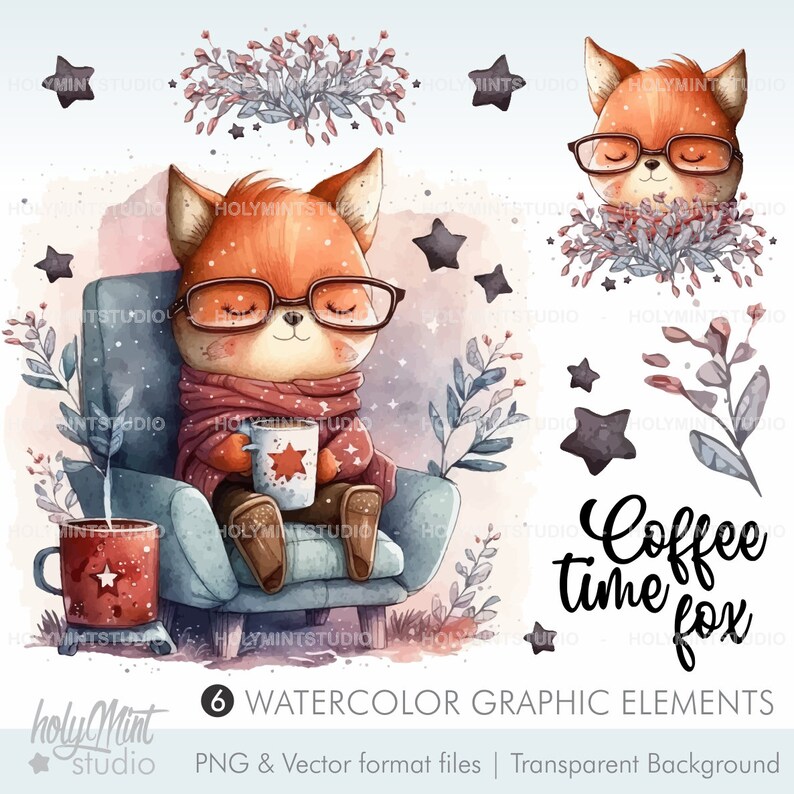 Fox Clipart Coffee Time Clipart Fox Graphics Fox Clipart - Etsy