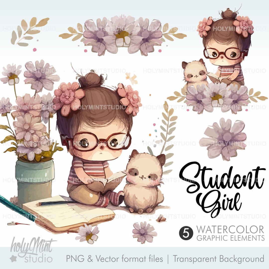 Watercolor Student Girl Clipart, Schoolgirl Clipart, Girl Clipart, Back ...