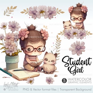 Watercolor Student Girl Clipart, Schoolgirl Clipart, Girl Clipart, Back ...
