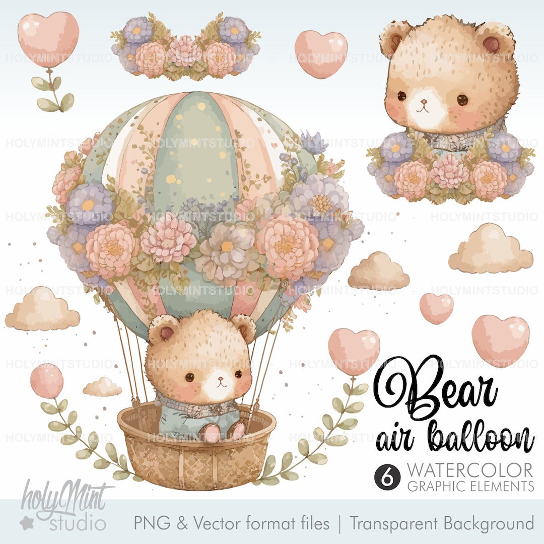 Hot Air Balloon Clipart, Baby Clipart, Teddy Bear Clipart, Watercolor ...