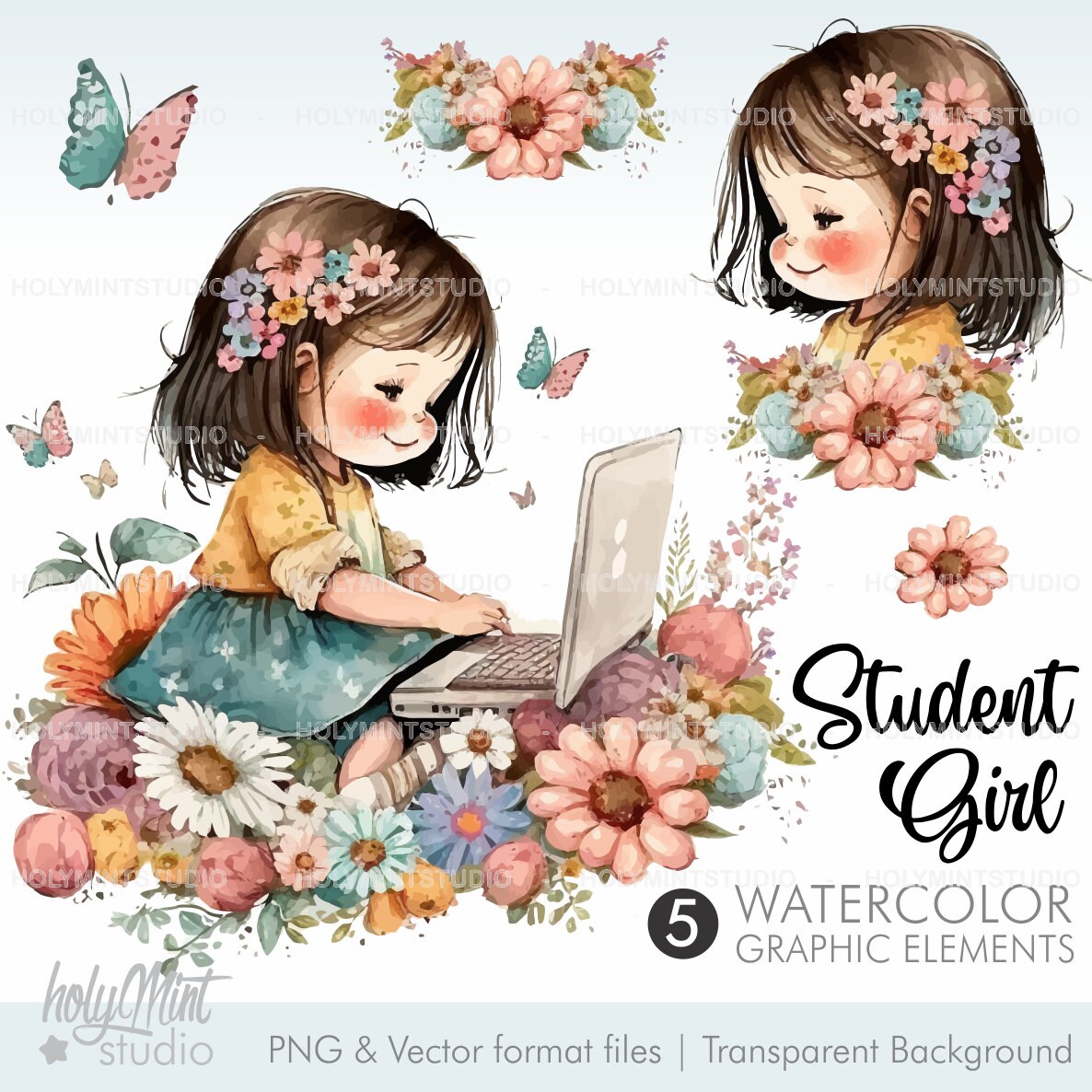 Watercolor Student Girl Clipart Schoolgirl Clipart Girl - Etsy España