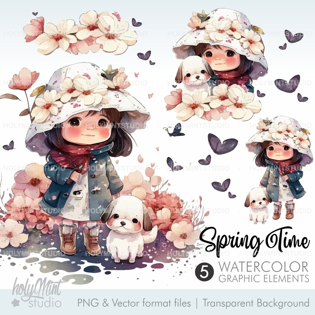 Spring Clipart, Spring Girl Clipart, Girl With Puppy, Cute Girl Clipart ...