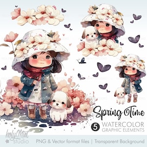 Spring Clipart, Spring Girl Clipart, Girl With Puppy, Cute Girl Clipart ...