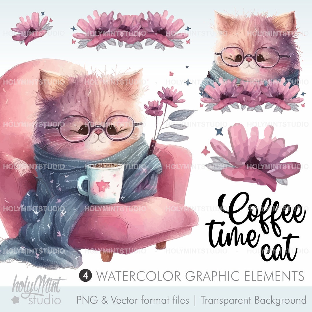 Cat Clipart, Coffee Time Clipart, Cat Graphics, Cat Clipart Vector, Cat ...