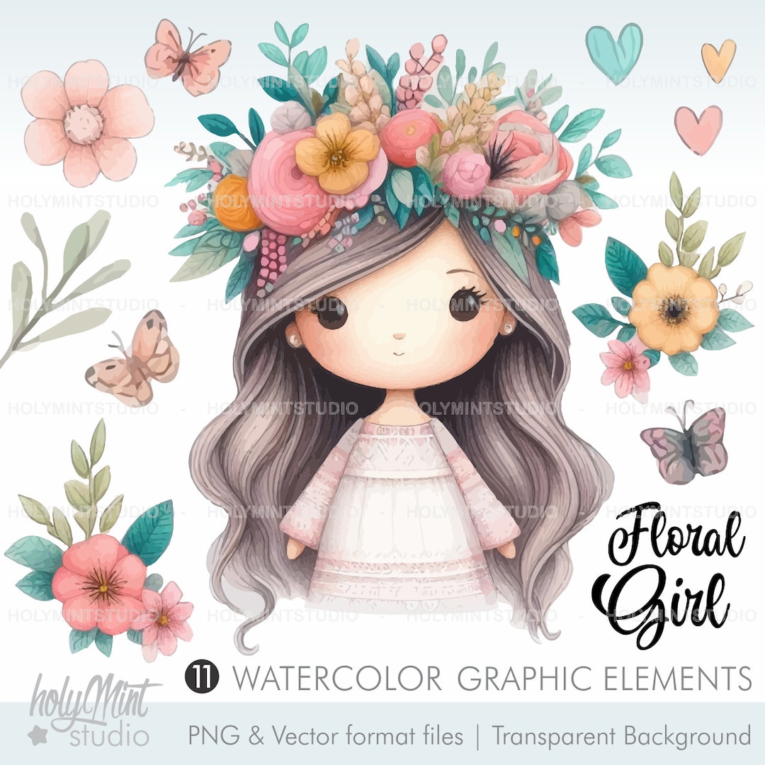 Floral Girl Clipart, Watercolor Girl, Spring Girl Clipart, Romantic ...
