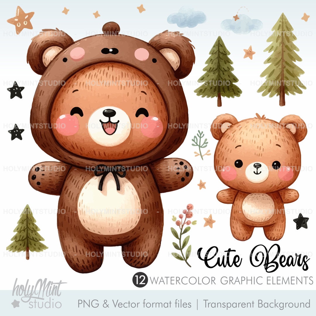 Bear Clipart, Woodland Bear Clipart, Forest Bear Clipart, Cute Bear ...