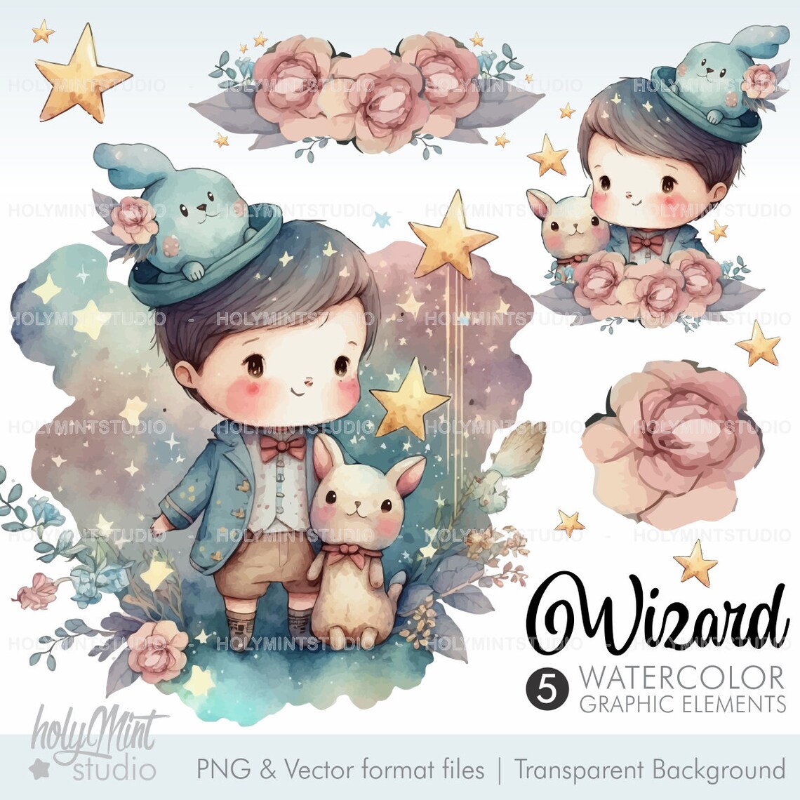 Watercolor Wizard Clipart Vector Magical Clipart Kids - Etsy