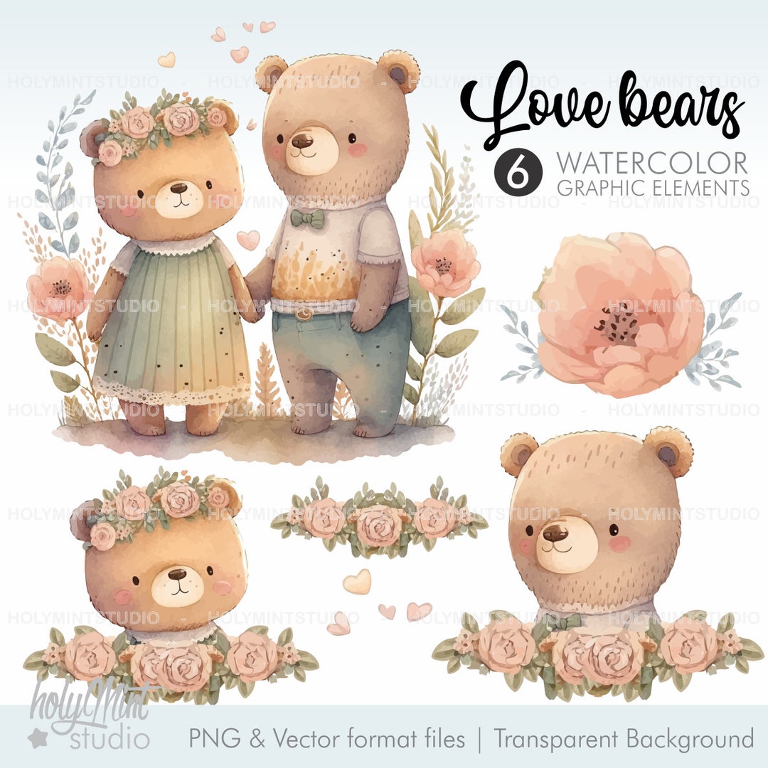Watercolor Bears, Valentine's Day Clipart, Anniversary Clipart, Bears ...